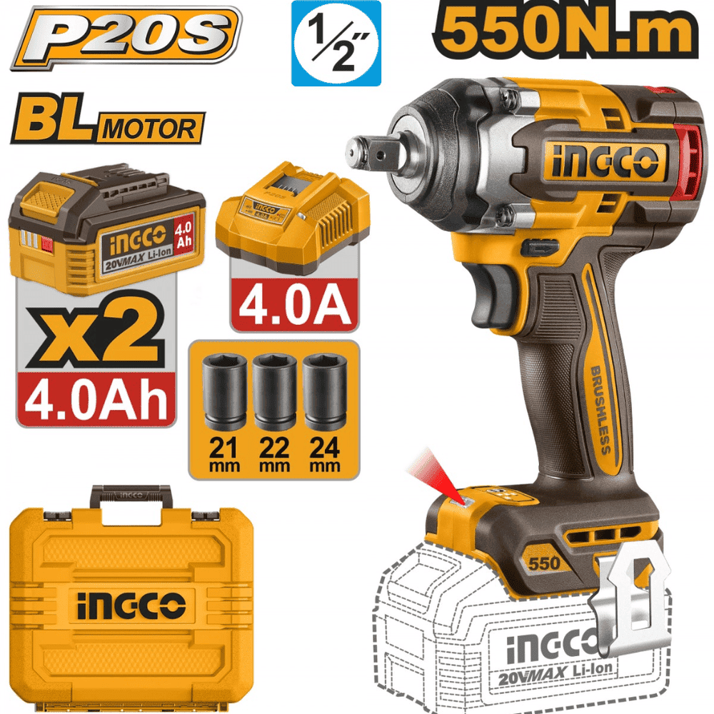 INGCO CIWLI2055 20V Brushless Impact Wrench – 550Nm Heavy Duty Cordless ...